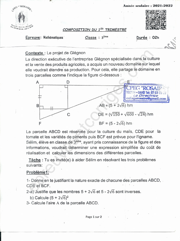 Composition Du 1er Trimestre Mathematiques 3ème 2021-2022 Cpeg Le ...