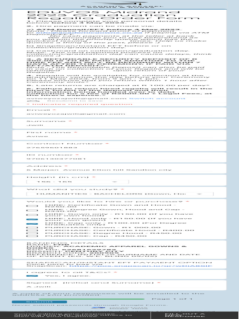 EDUVOS Midrand 2023 Graduation Regalia Order Form | PDF