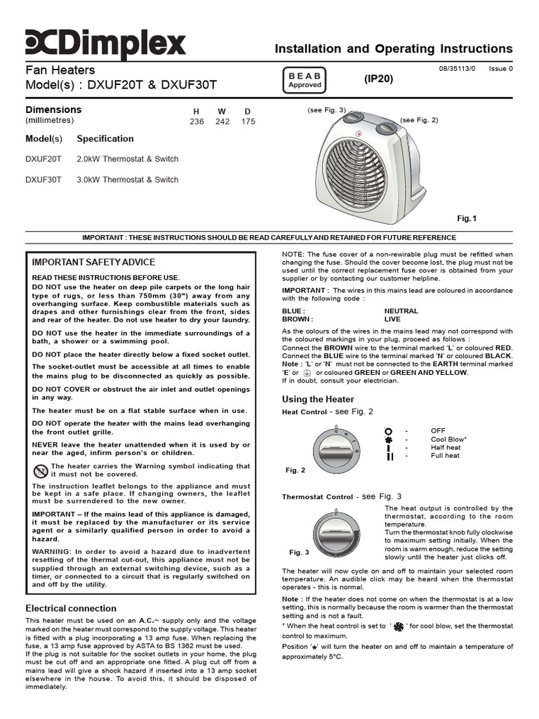 Dimplex DXUF30T Instruction Manual Technical Data Specification Sheet ...