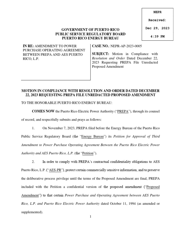 AP20230005 Motion Submitting Unredacted AES PR Third Amended PPOA | PDF ...