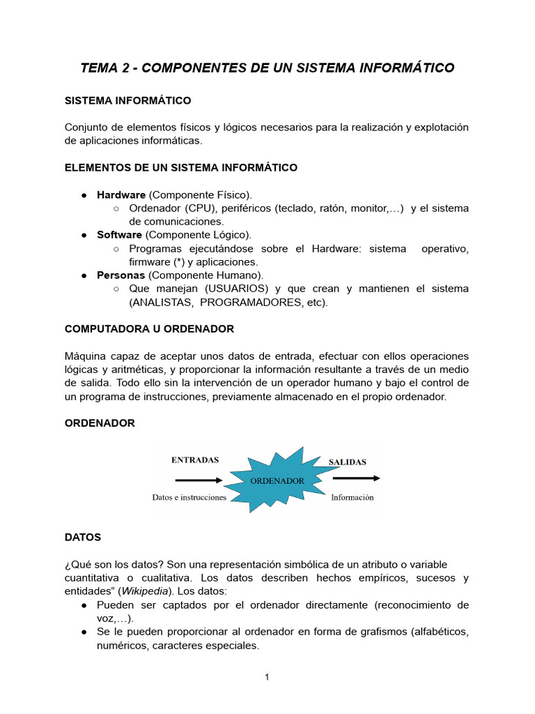 Tema 2 Componentes de Un Sistema Informático | PDF