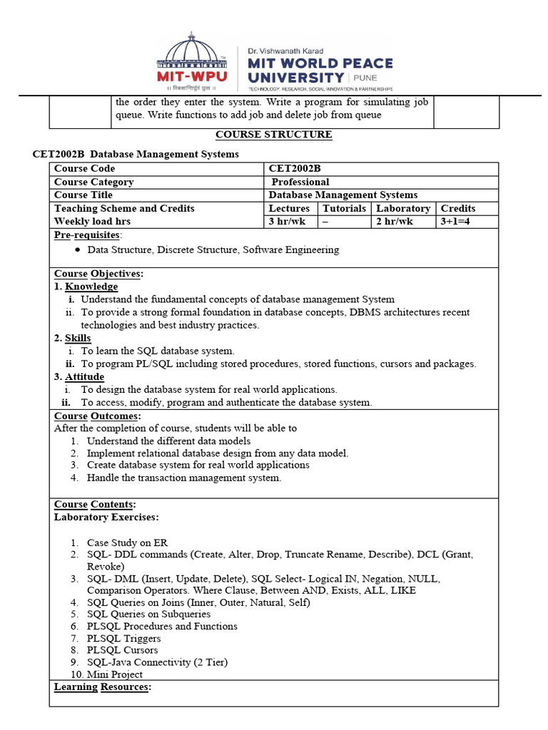 DBMS CSE Syllabus | PDF | Relational Database | Pl/Sql