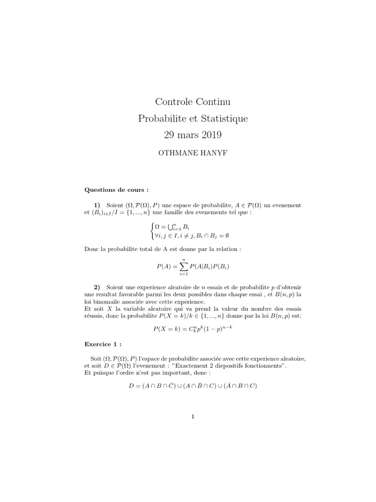 Probabilités et Statistiques: Exercices | PDF | Probabilité | Méthode ...