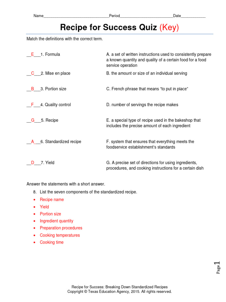 Recipe For Success Quiz Key | PDF