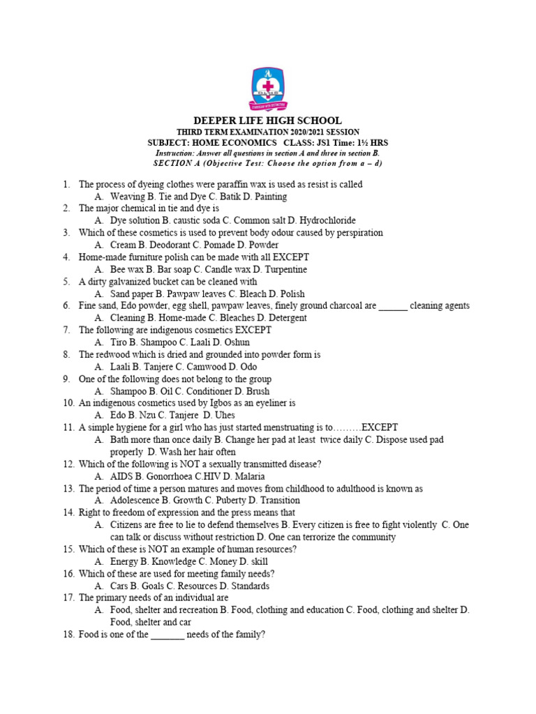 JSS1 Home Economics Exam Questions | PDF | Foods | Nutrition