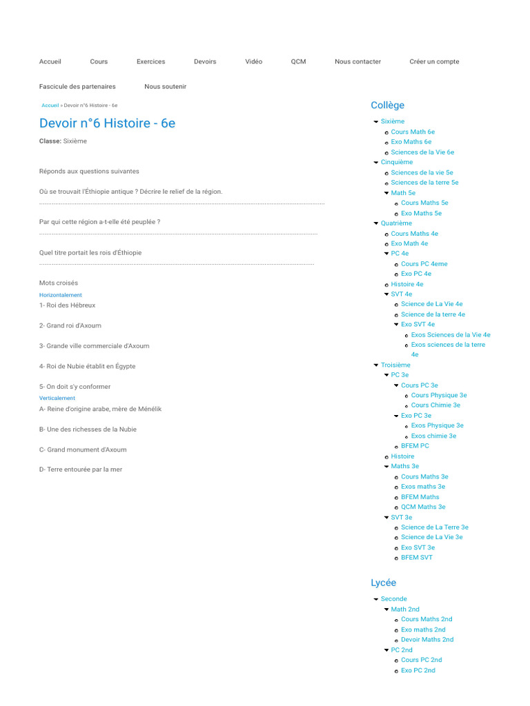 Devoir N°6 Histoire - 6e - Sunudaara | PDF