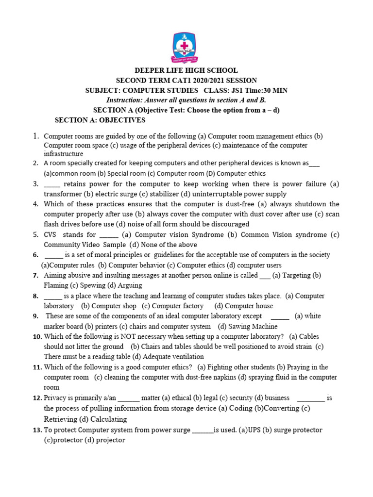 Js 1 Computer Studies Cat 1 2nd Term 2020-2021 | PDF