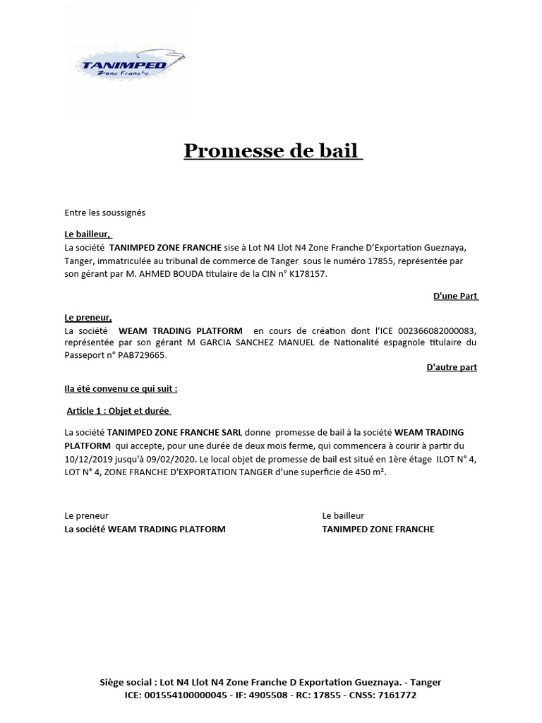 Promesse de Bail TANIMPED | PDF