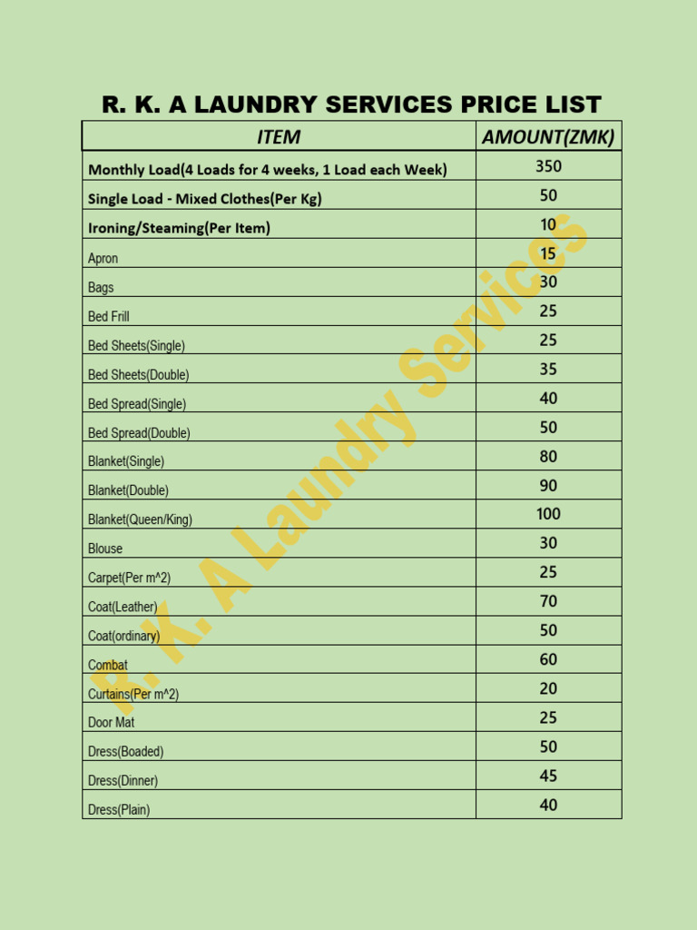 RKA Laundry Services Price LIst | PDF | Dress | Trousers