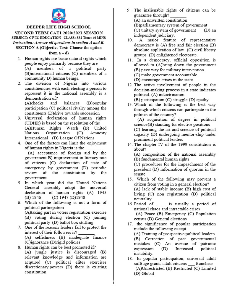 Ss 2 Civic Education Cat1 2021 | PDF