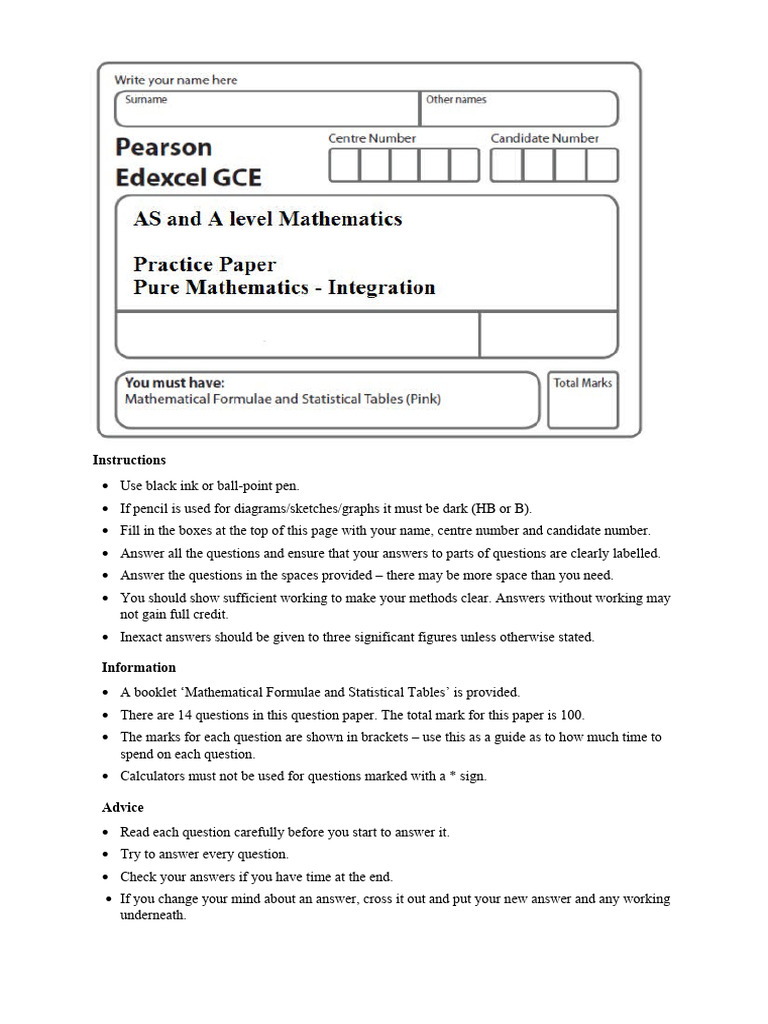 AS Mathematics - Practice Paper - Integration | PDF | Teaching Methods ...
