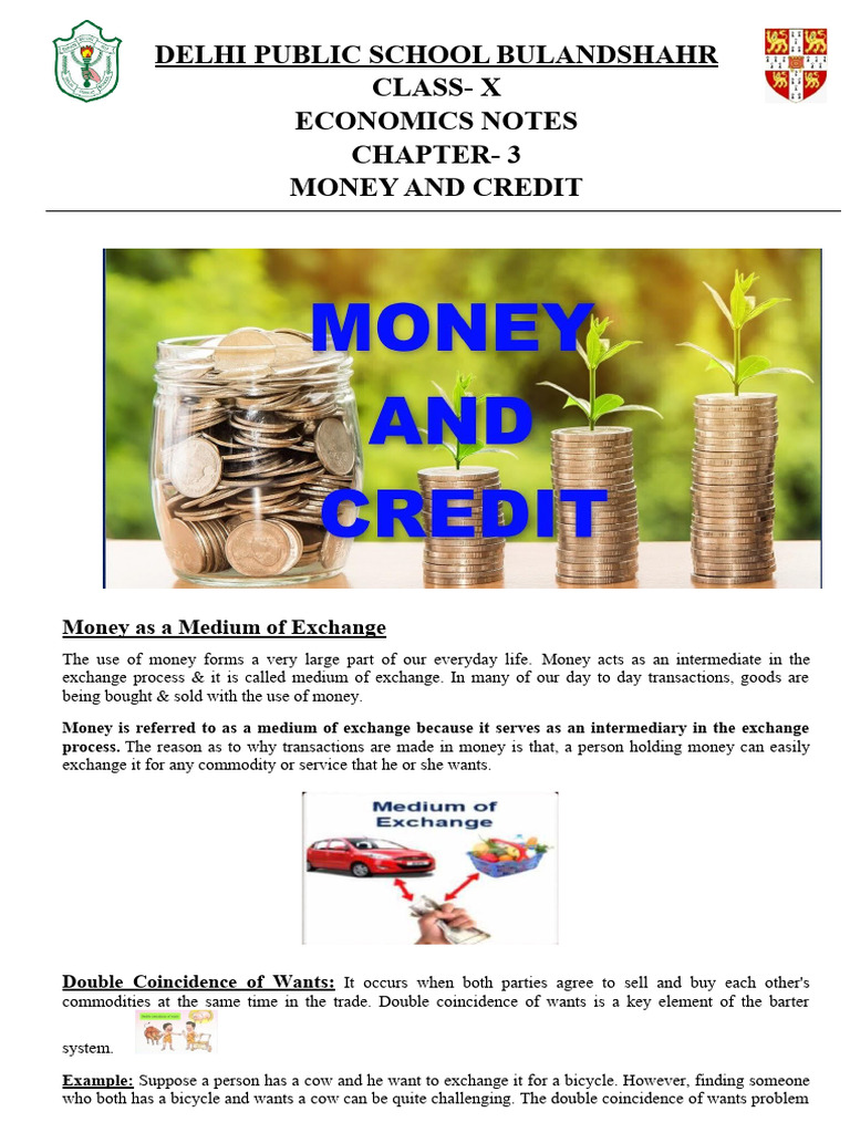 Notes - Money & Credit - Class X - Economics | PDF | Money | Deposit ...