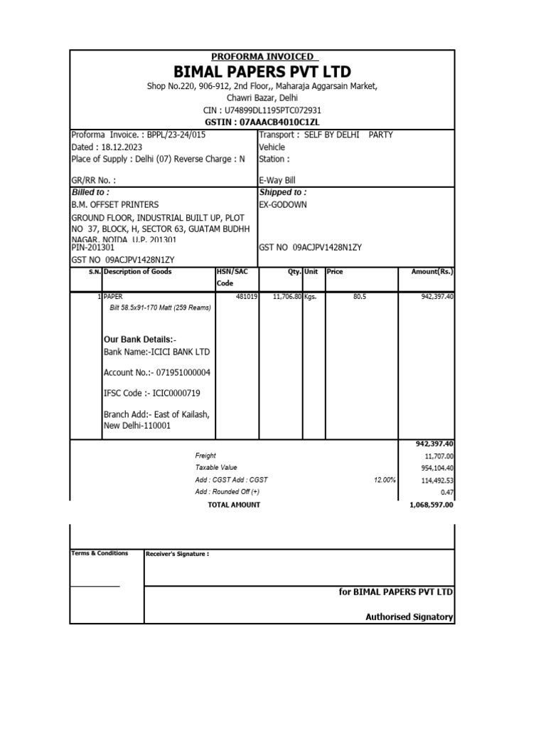 Proforma Invoice for Bimal Papers Pvt Ltd | PDF | Payments | Trade