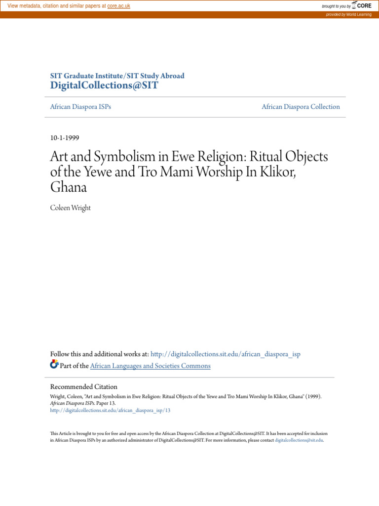 Art and Symbolism in Ewe Religion: Ritual Objects of The Yewe and Tro ...