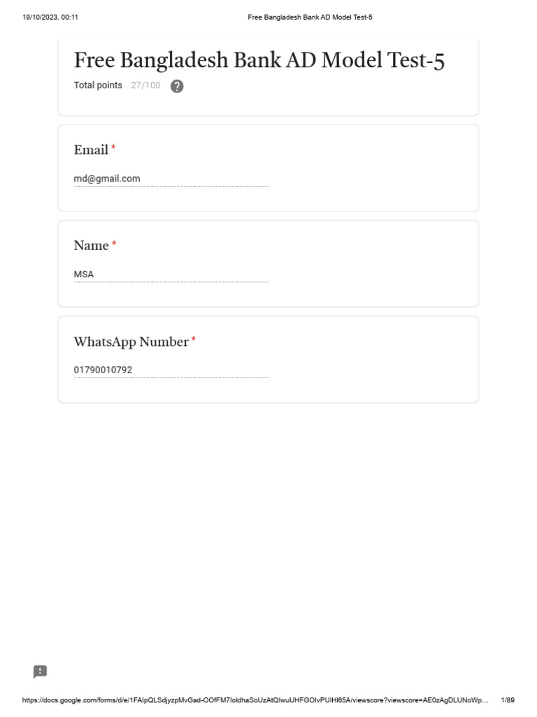 Free Bangladesh Bank AD Model Test-5 | PDF