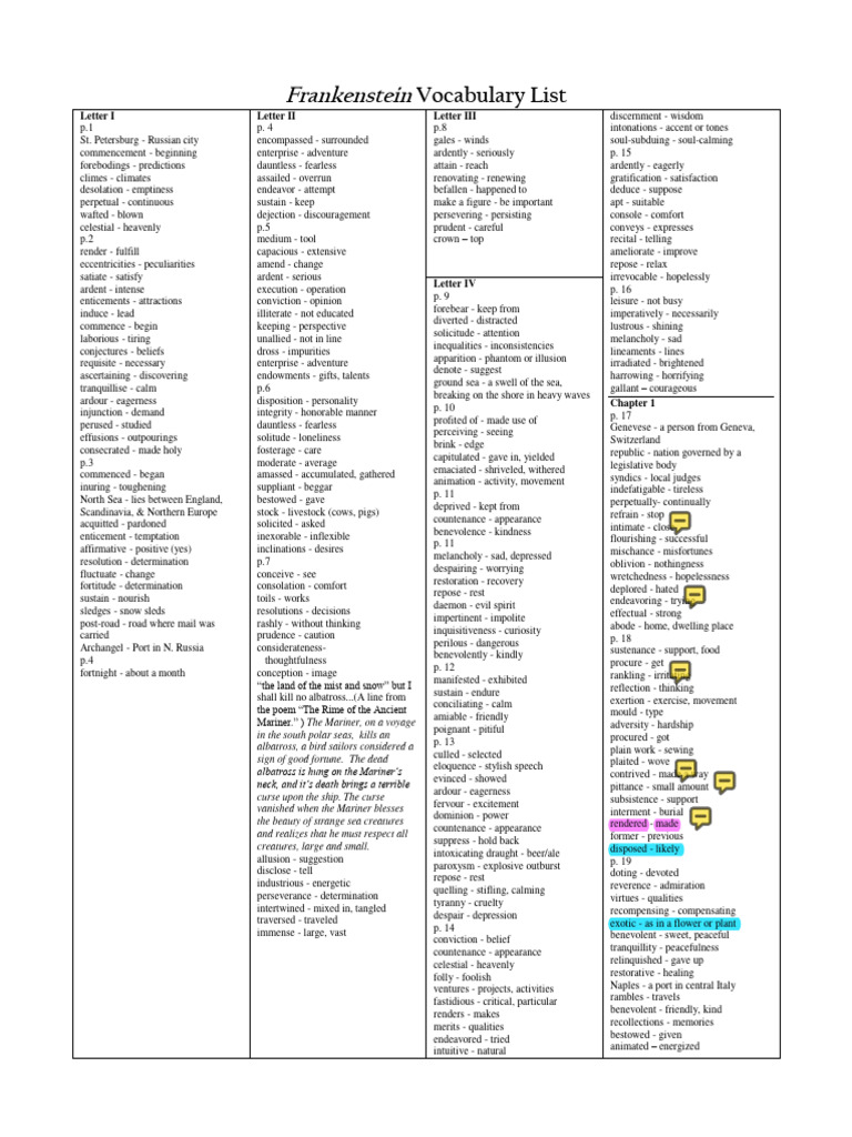 Frankenstein Vocabulary - 231209 - 101251 | PDF | Hatred