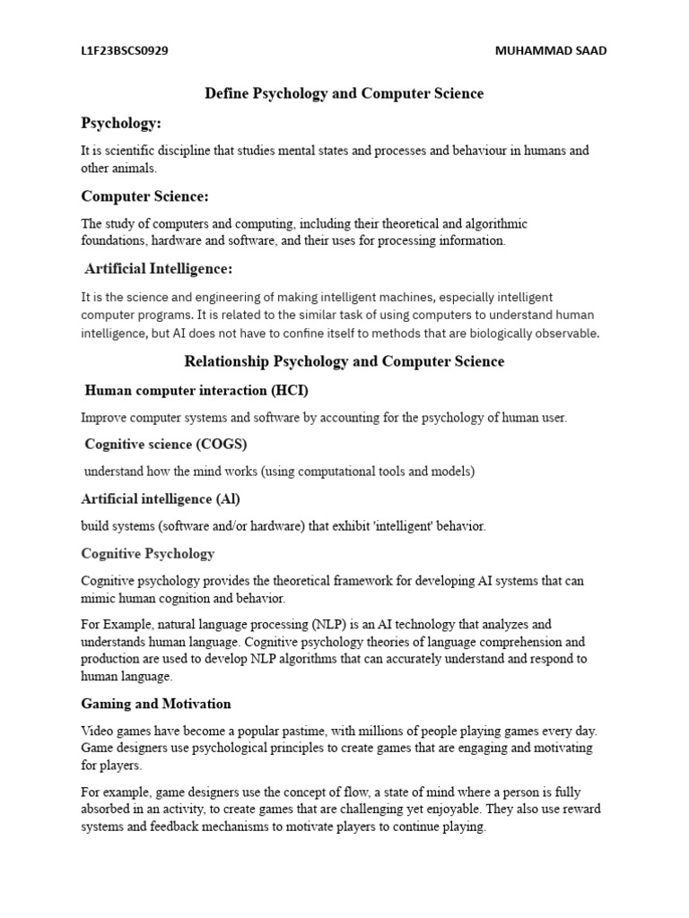 Define Psychology and Computer Science Psychology:: Artificial ...