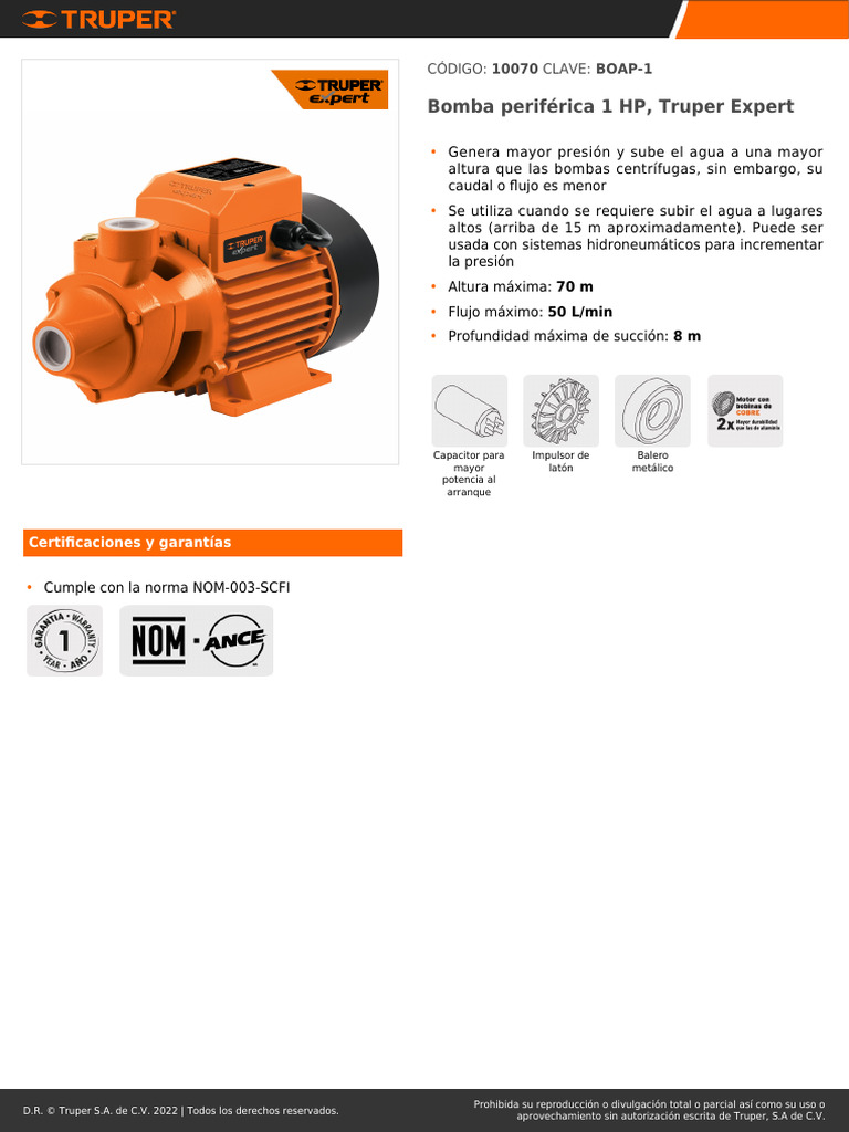 Bomba Periférica 1 HP, Truper Expert: CÓDIGO: 10070 CLAVE: BOAP-1 | PDF