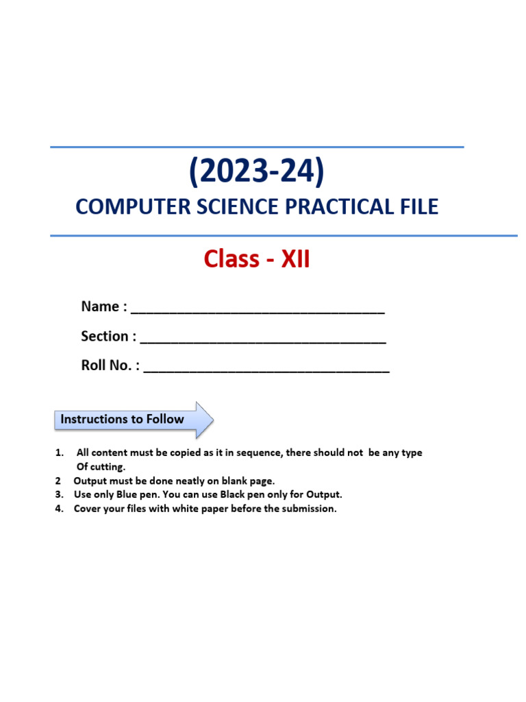 Class - XII: Computer Science Practical File | PDF | Computer Program | Programming