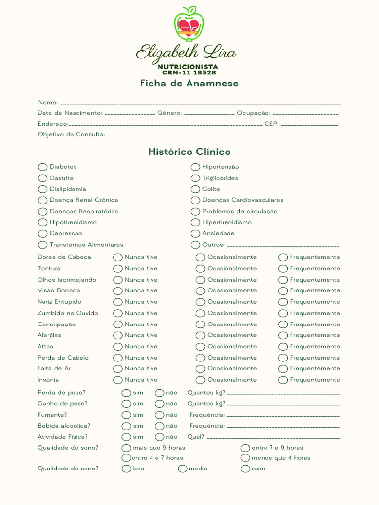 Ficha de Anamnese Nutricionista Elizabeth Lira | PDF