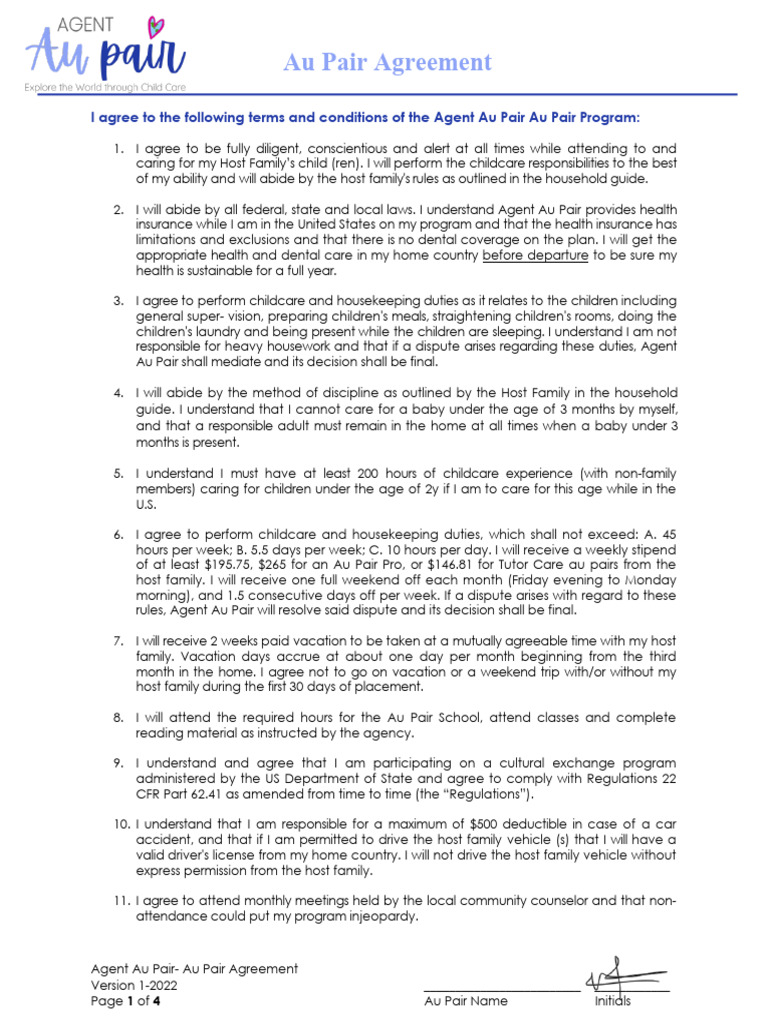 118 - Au Pair Agreement 2-1-2022 | PDF