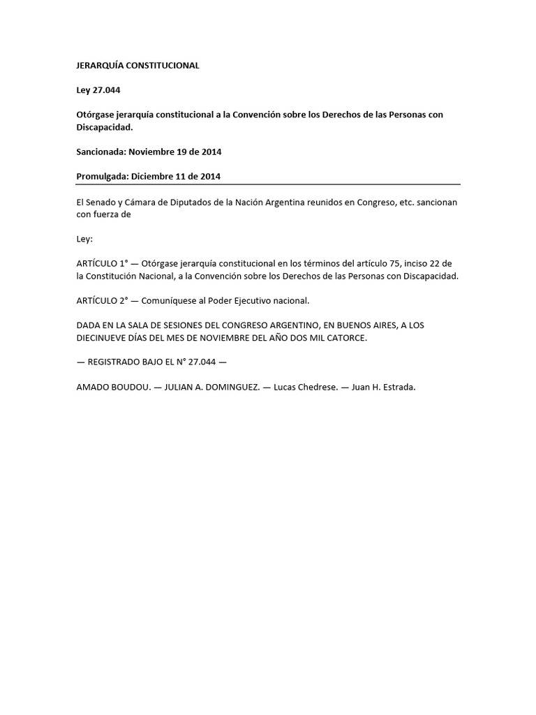 Ley Nacional #27.044 Jerarquía Constitucional de La CDPCD | PDF
