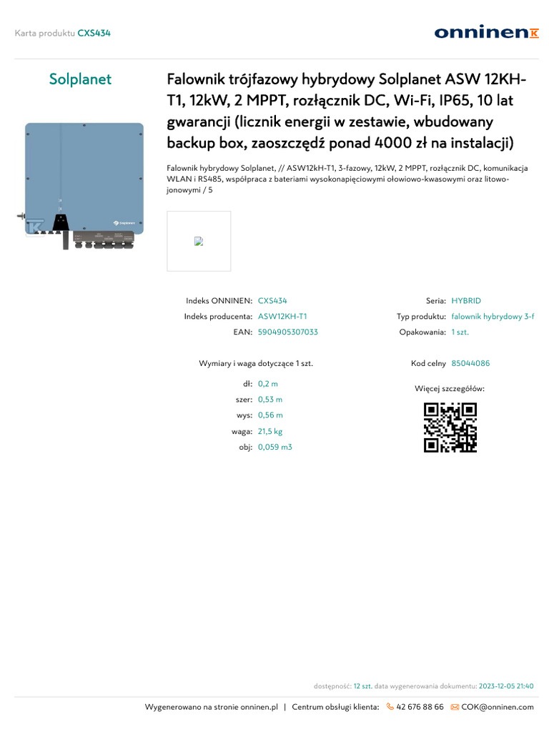Karta Solplanet Falownik Hybrydowy Solplanet Asw12kh t1 3 Fazowy 12kw 2 ...
