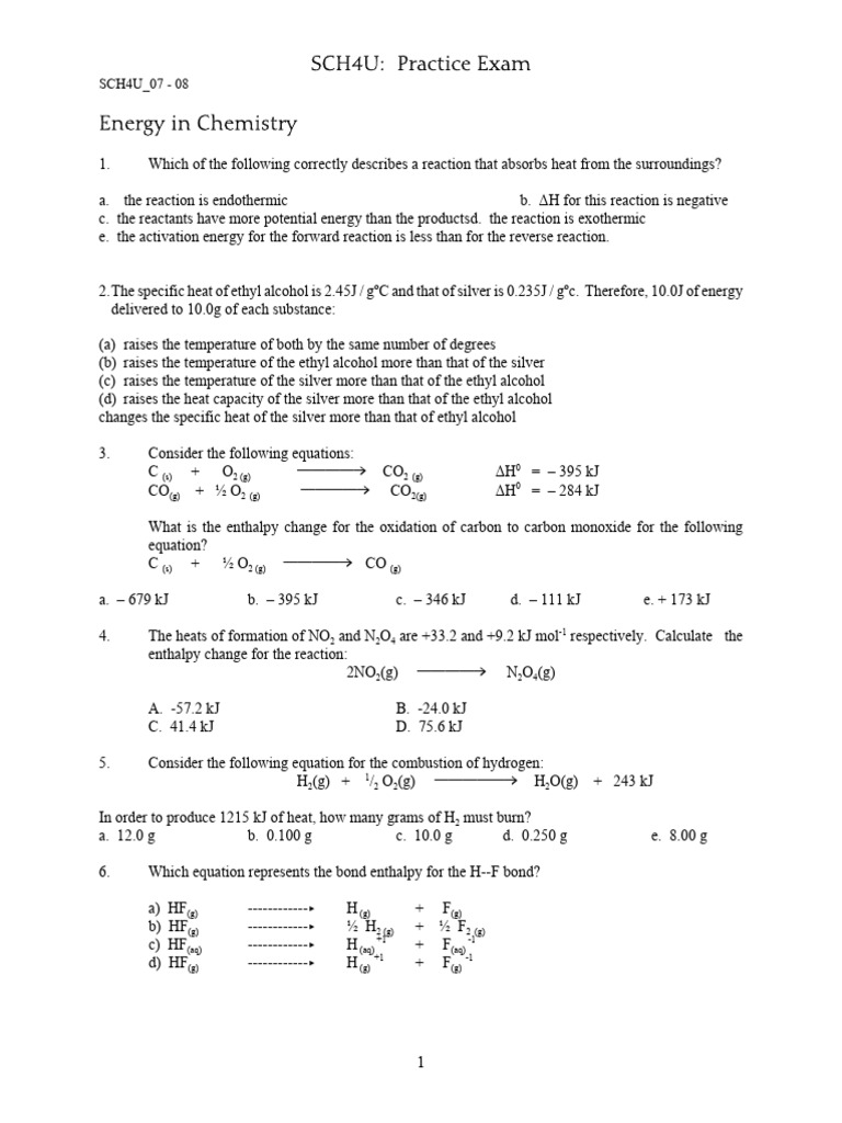 SCH4U Chemistry Practice Exam | PDF | Chemical Reactions | Process ...