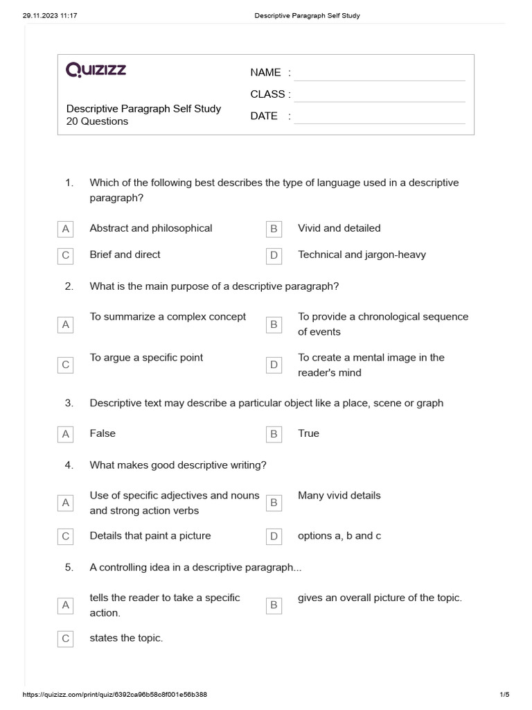 Descriptive Paragraph Self Study | PDF | Syntax | Grammar