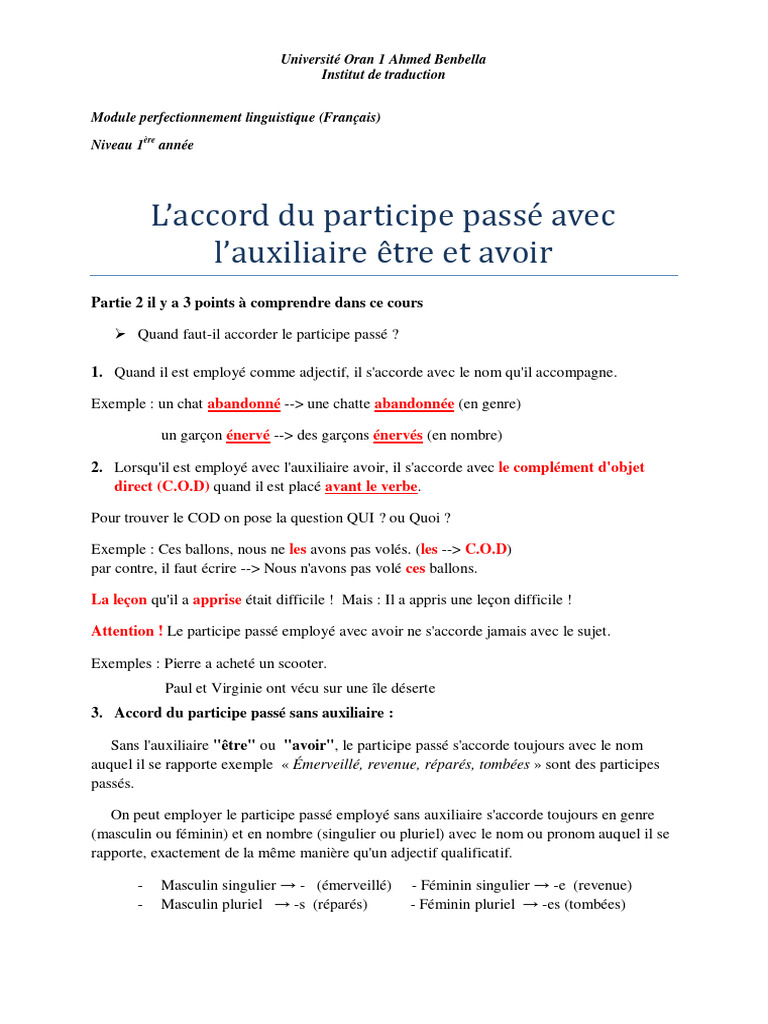 Accord du participe passé : Avoir et Être | PDF