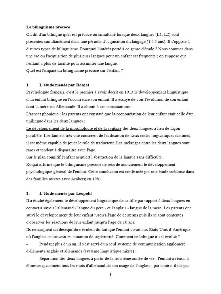 Le Bilinguisme Précoce | PDF | Multilinguisme | la communication