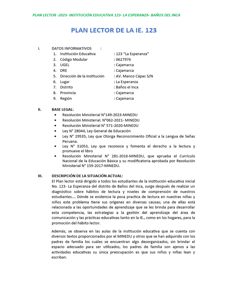 Plan Lector 2023 | PDF | Educación de la primera infancia | Escritura