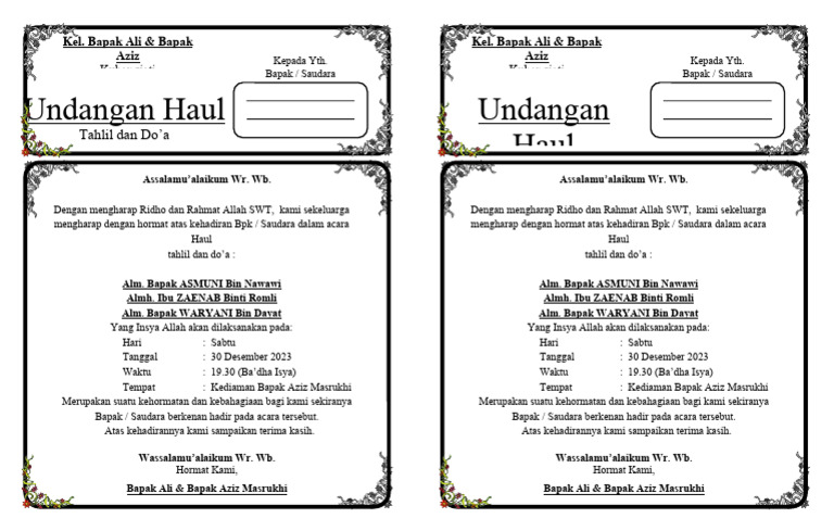 Undangan Haul Tahlil Keluarga Masrukhi | PDF