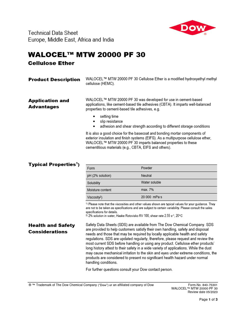 840 753 01 Walocel MTW 20000 PF 30 Cellulose Ether | PDF | Home ...