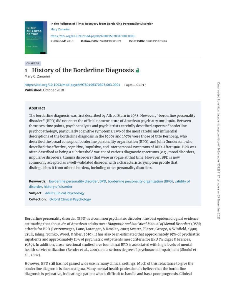 1 History of The Borderline Diagnosis: Mary C. Zanarini | PDF