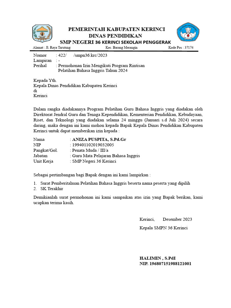 Surat Permohonan Izin Mengikuti Pelatihan | PDF