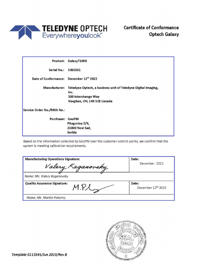 Optech - Galaxy-Technical Specification+certificate | PDF | Lidar ...