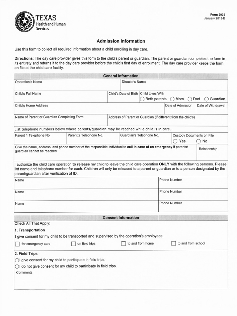 CDA Book HHS Admission Information Form 2935 | PDF