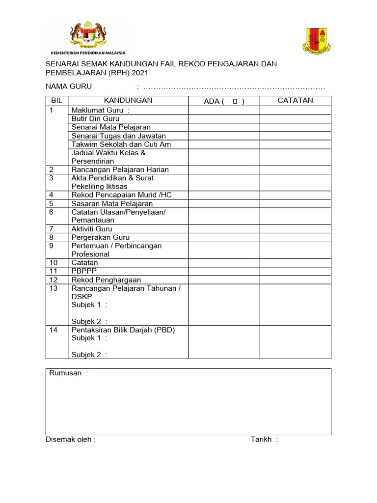 Senarai Semak Fail RPH | PDF