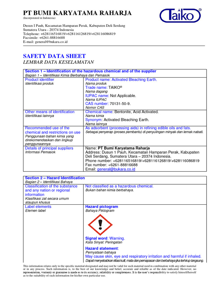 BKR-SDS (Activated Bleaching Earth) 5th Issue | PDF | Chemistry | Safety