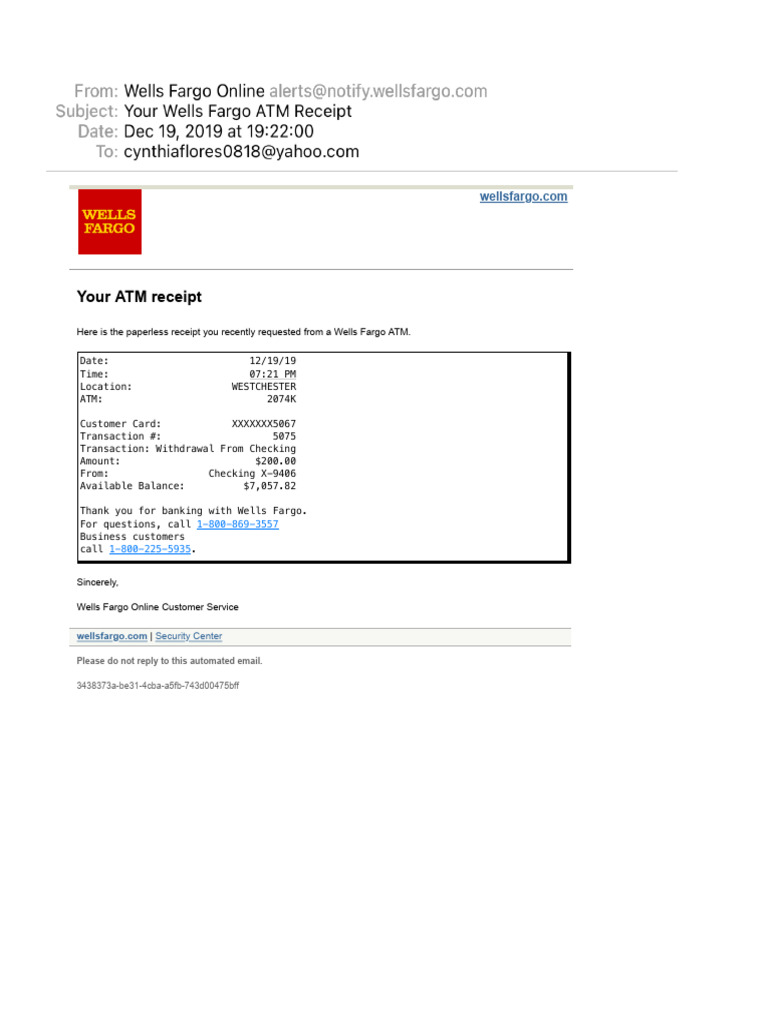 Wells Fargo ATM Withdrawal Receipt | PDF