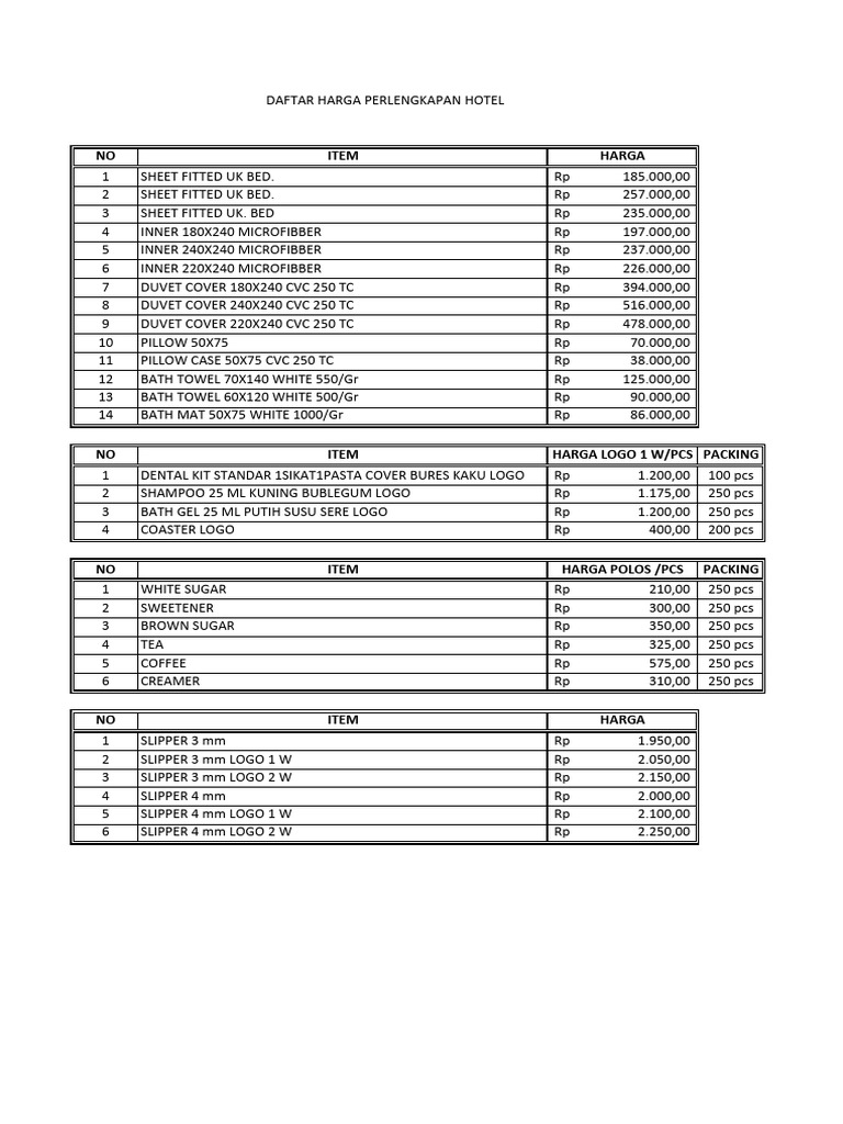 Contoh Price List Perlengkapan Hotel | PDF