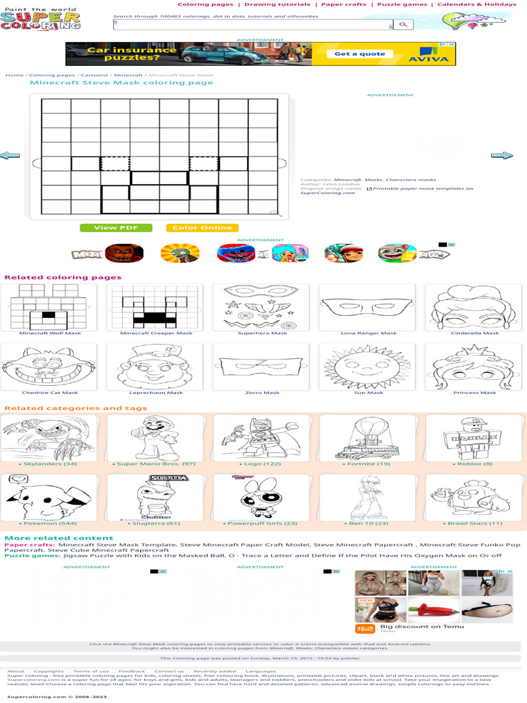Minecraft Steve Mask Coloring Page Free Printable Coloring Pages | PDF ...