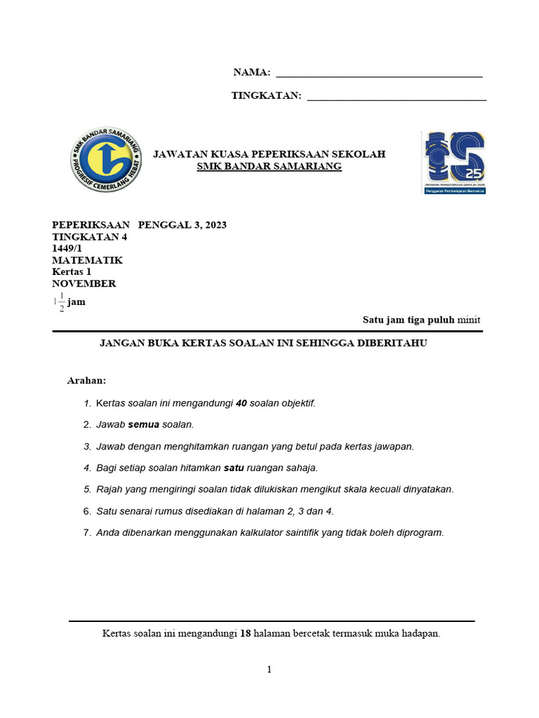Kertas 1 Maths Form4 2023 PEP 3 | PDF