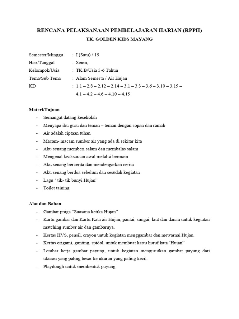 RPPH Tema Hujan untuk Anak TK | PDF