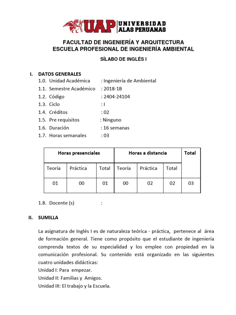 Silabo de Ingles I | PDF | Léxico | Aprendizaje