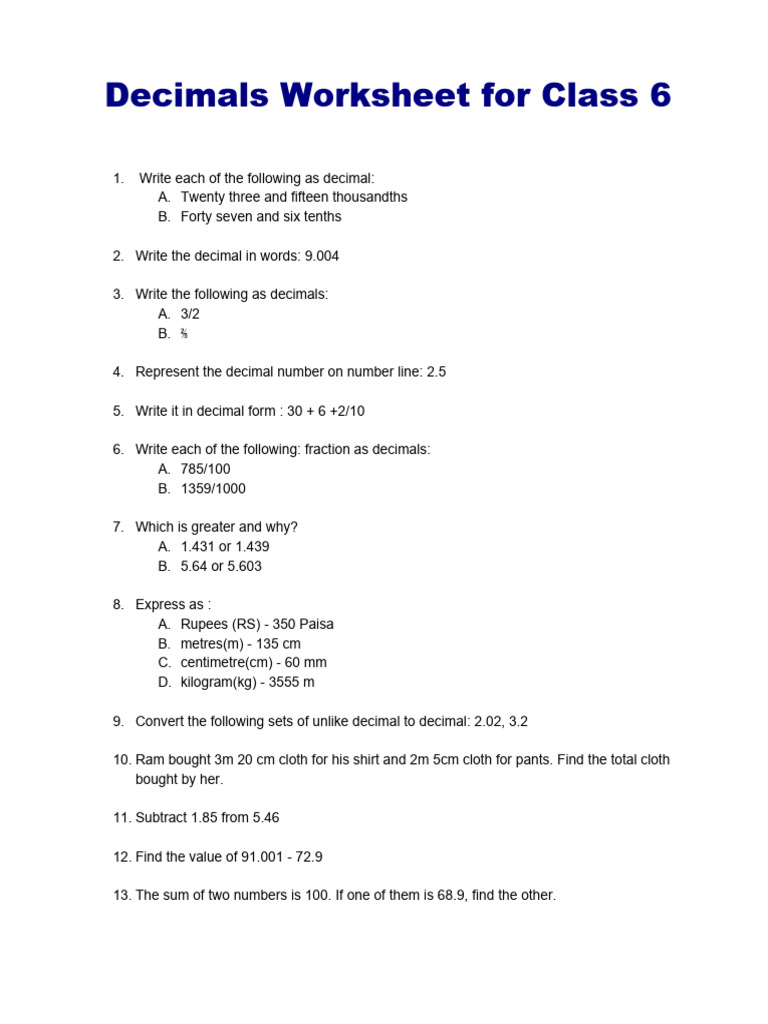 Decimals Worksheet For Class 6 | PDF