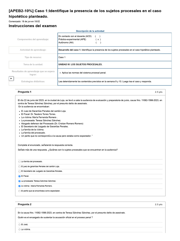 Examen - (APEB2-10%) Caso 1 - Identifique La Presencia de Los Sujetos Procesales en El Caso ...