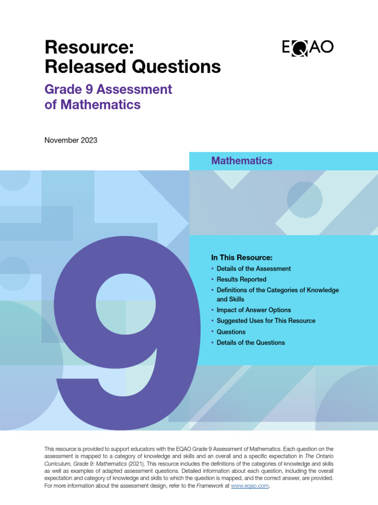 Released Questions Grade 9 Assessment of Mathematics November 2023 | PDF