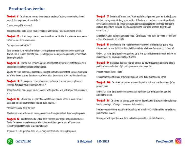 Sujets de production écrite pour jeunes | PDF | Famille